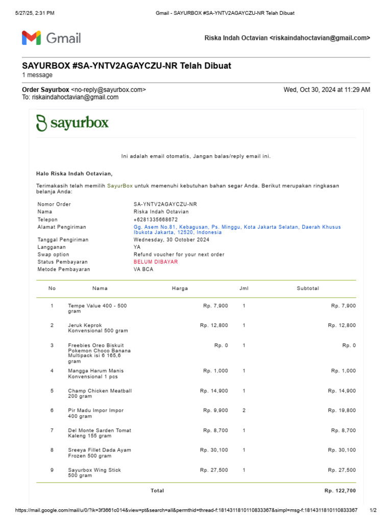 Gmail - SAYURBOX #SA-YNTV2AGAYCZU-NR Telah Dibuat | PDF
