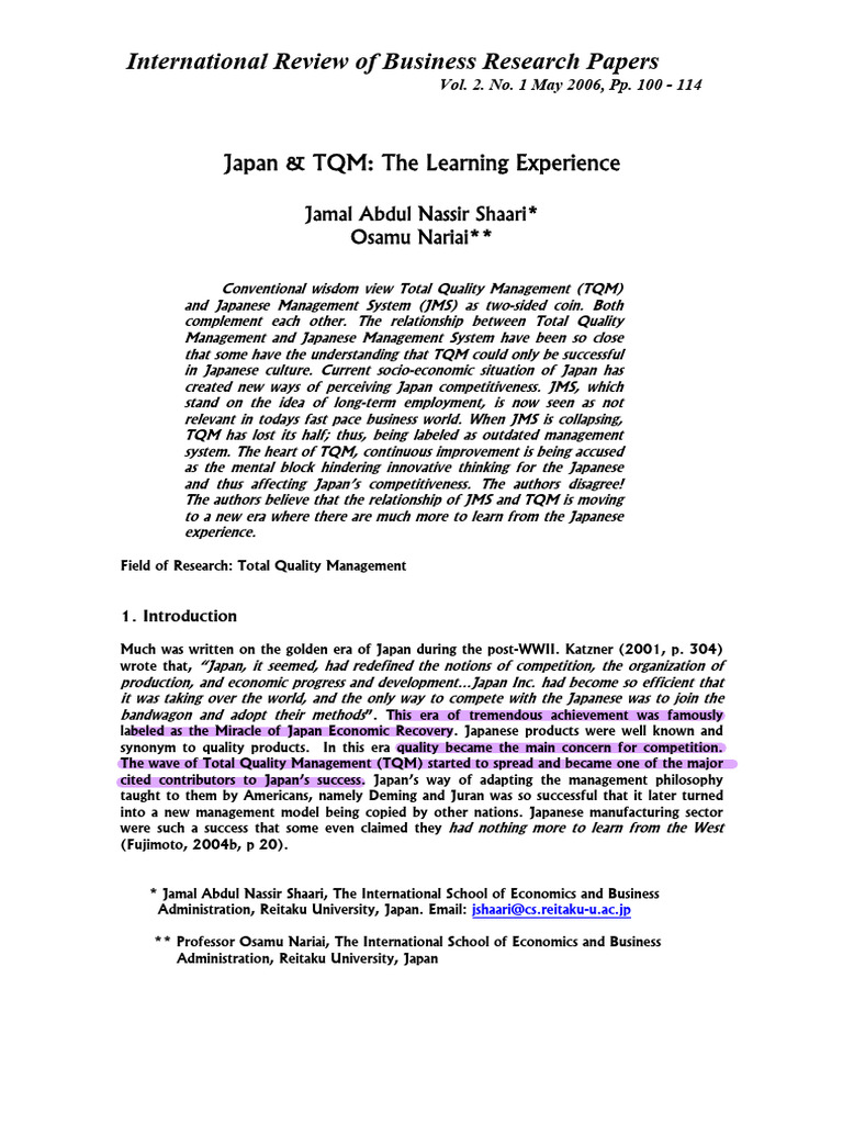 Japan and TQM - The Learning Experience | PDF | Labour Economics ...