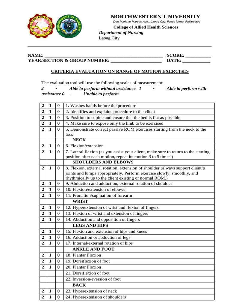 Range of Motion Exercises Evaluation | PDF | Anatomical Terms Of Motion ...