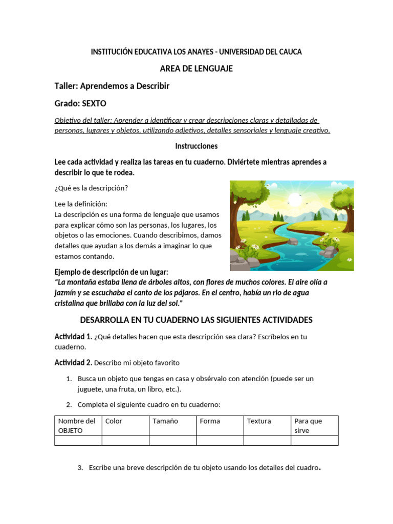 Taller de Descripción para Sexto Grado | PDF