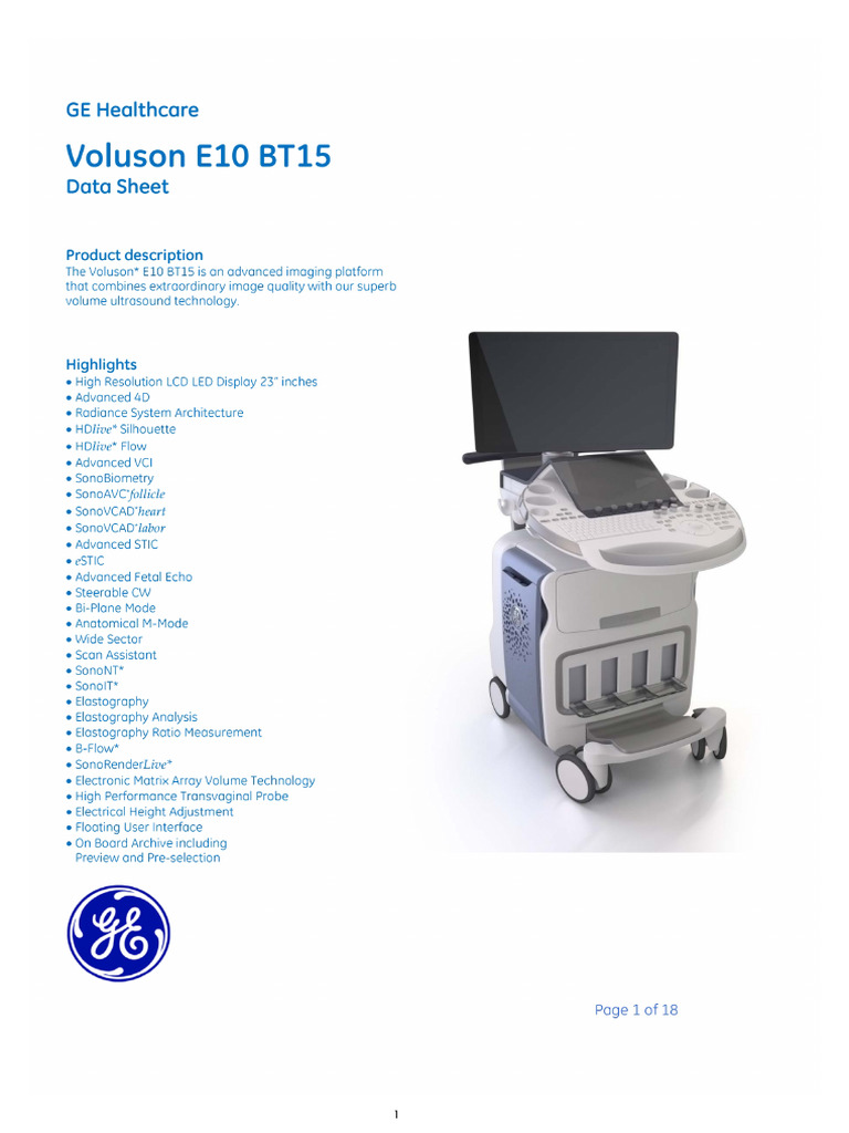 GE Voluson E10 Ultrasound Machine Data Sheet | PDF