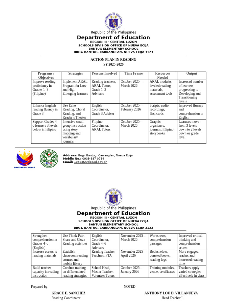 ARAL Program Action Plan 2025-2026 | PDF | Reading Comprehension ...