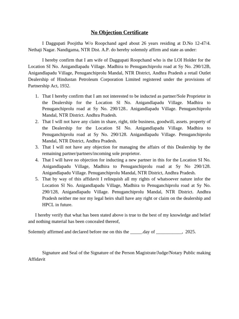 No Objection Certificate2 | PDF | Affidavit | Notary Public
