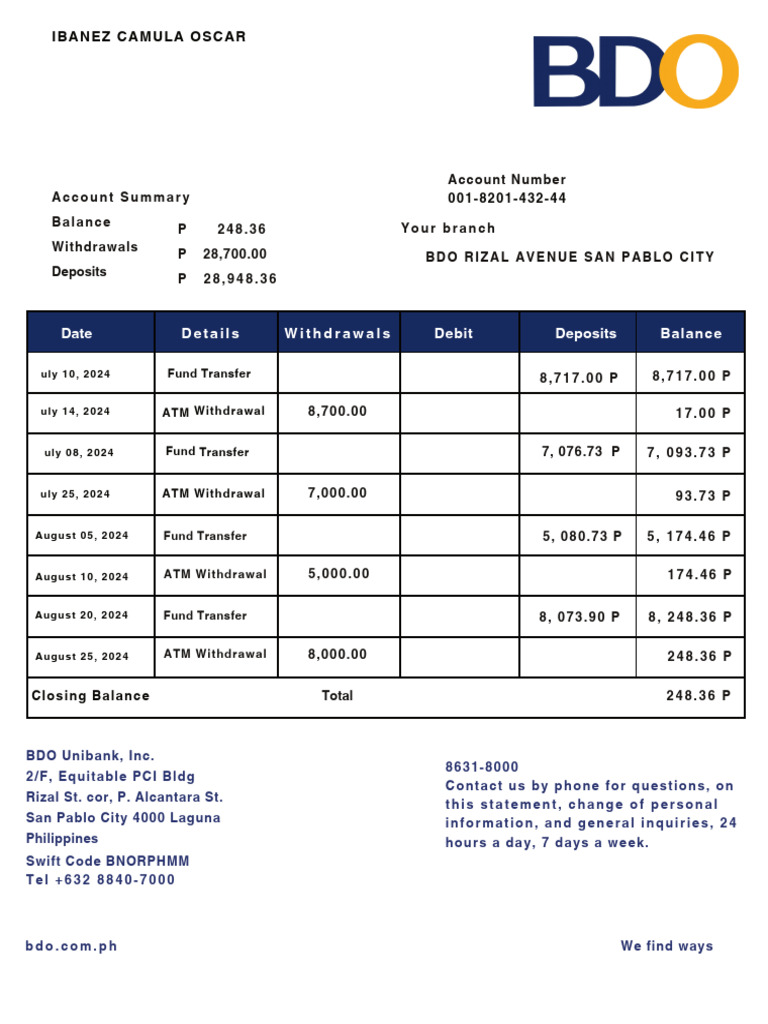 BDO Bank Statement PH | PDF
