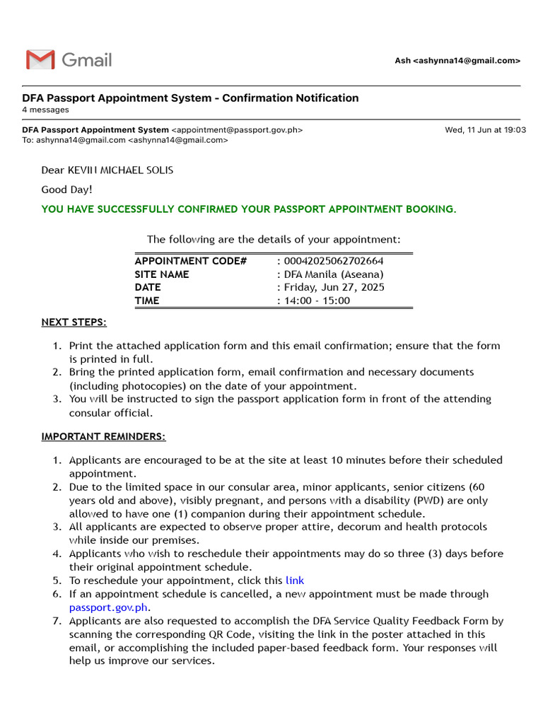 DFA Passport Appointment Confirmation | PDF