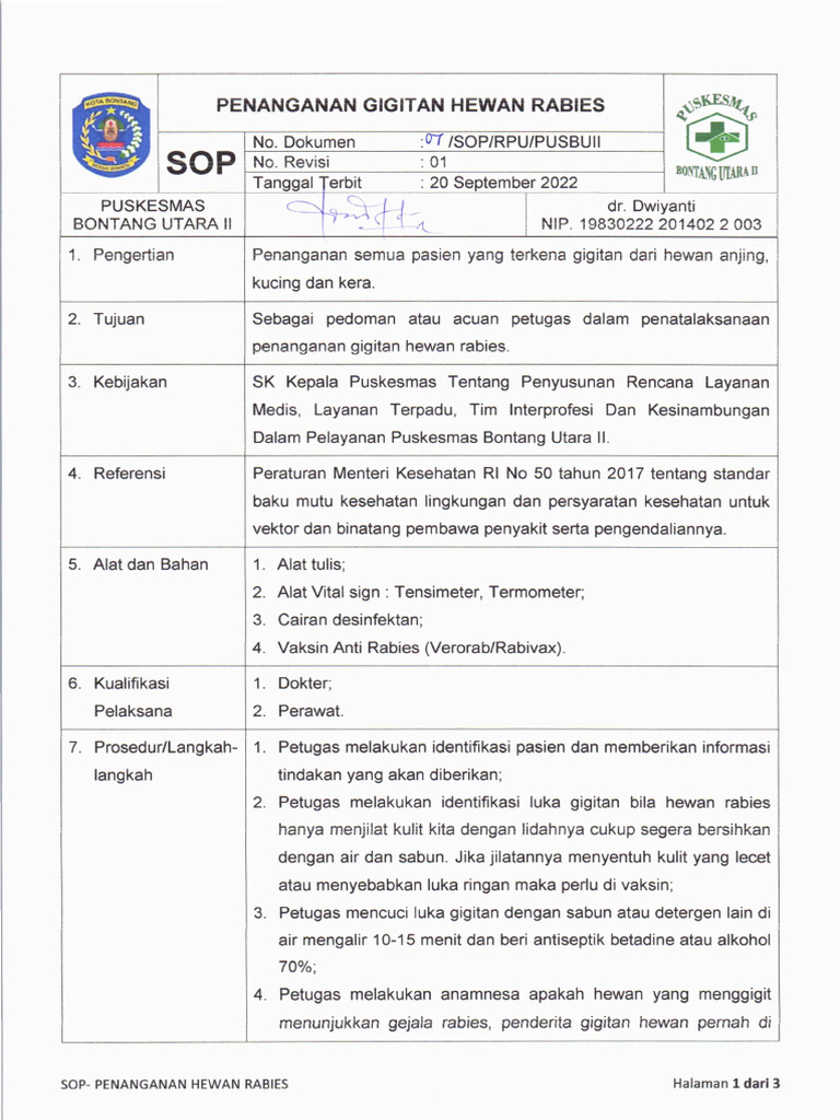 07-Rpu-Sop Penanganan Gigitan Hewan Rabies | PDF
