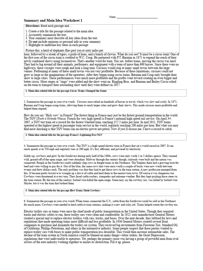 Summary and Main Idea Worksheet 1 | PDF | Train | Circus