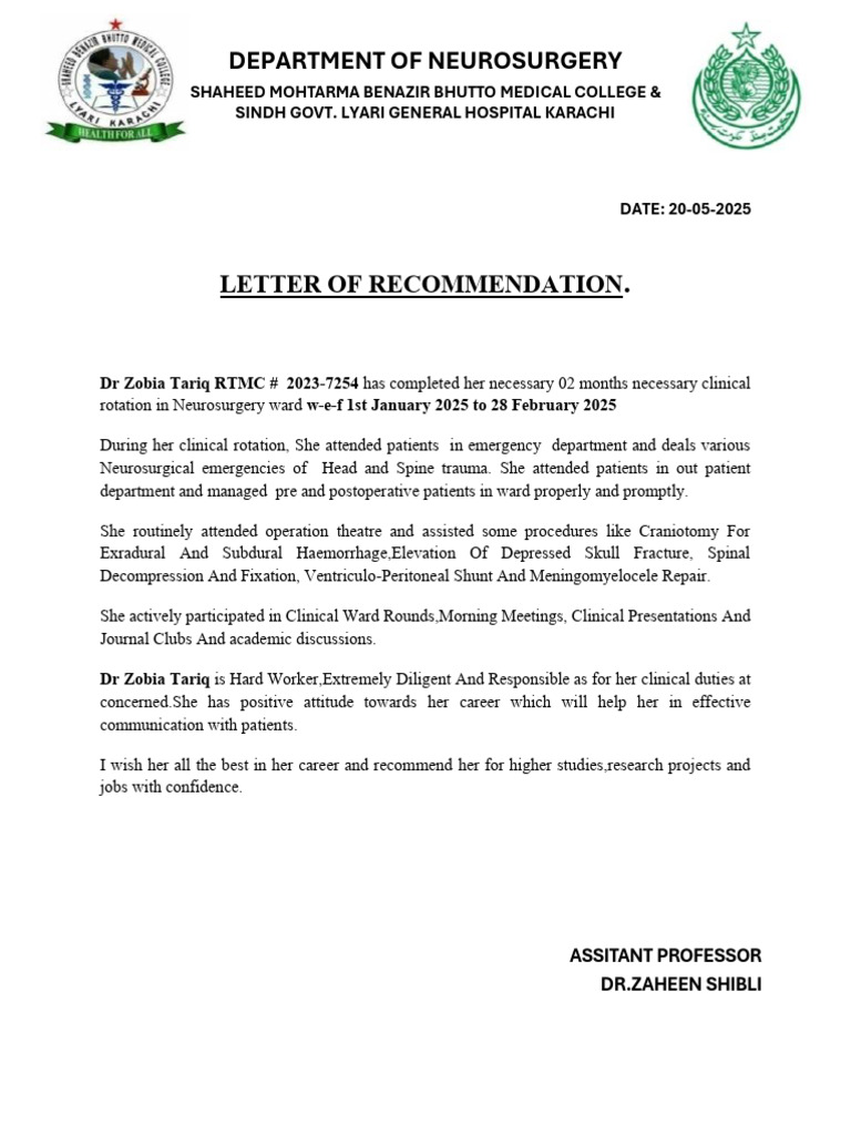 Recommendation for Dr. Zobia Tariq's Rotation | PDF