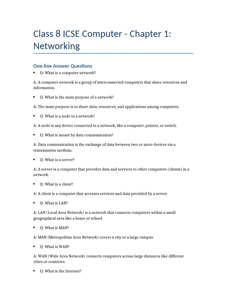 Class8 ICSE Computer Chapter1 Networking | PDF | Computer Network ...