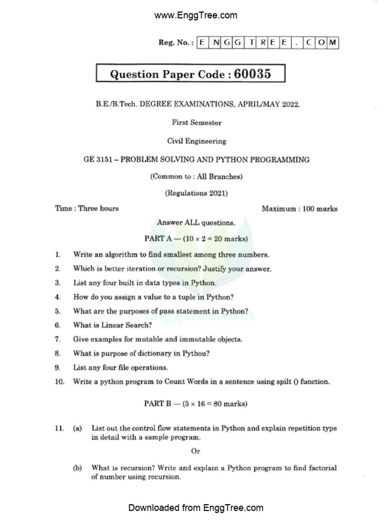 GE3151 Problem Solving and Python Programming Apr May 2022 Question Paper | PDF