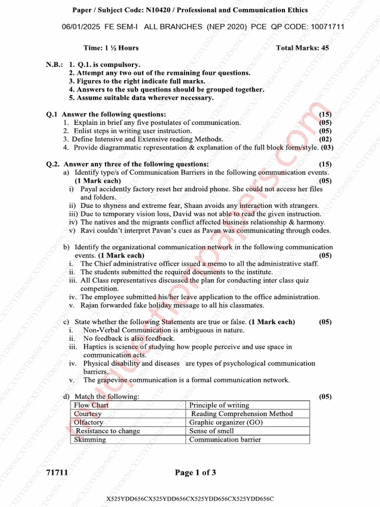 Be First Year Engineering Semester 1 2024 December Professional and Communication Ethics Nep ...