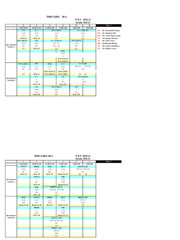 BCA Semester Timetable 2023-24 | PDF