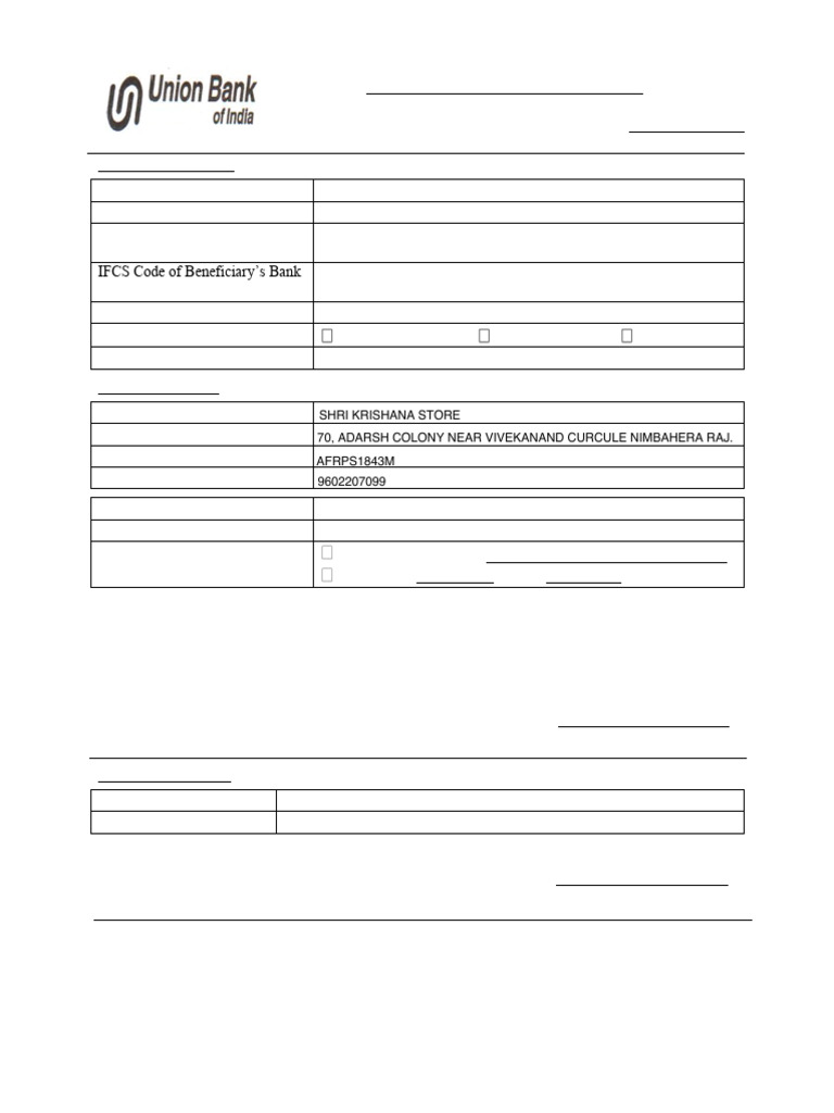 Union Bank NEFT/RTGS Form Download | PDF