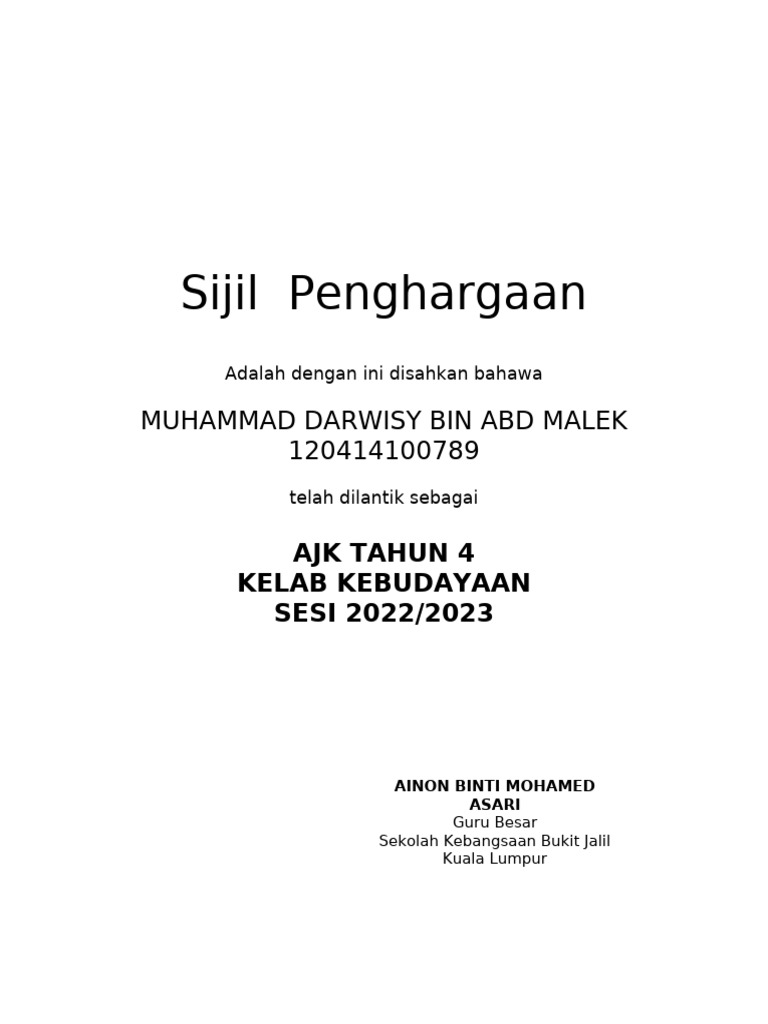 Sijil Penghargaan AJK MURID Koko | PDF