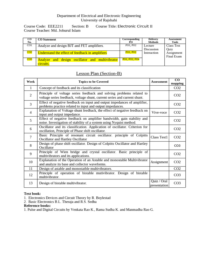 Electronic Circuit II Course Overview | PDF | Electronic Oscillator ...