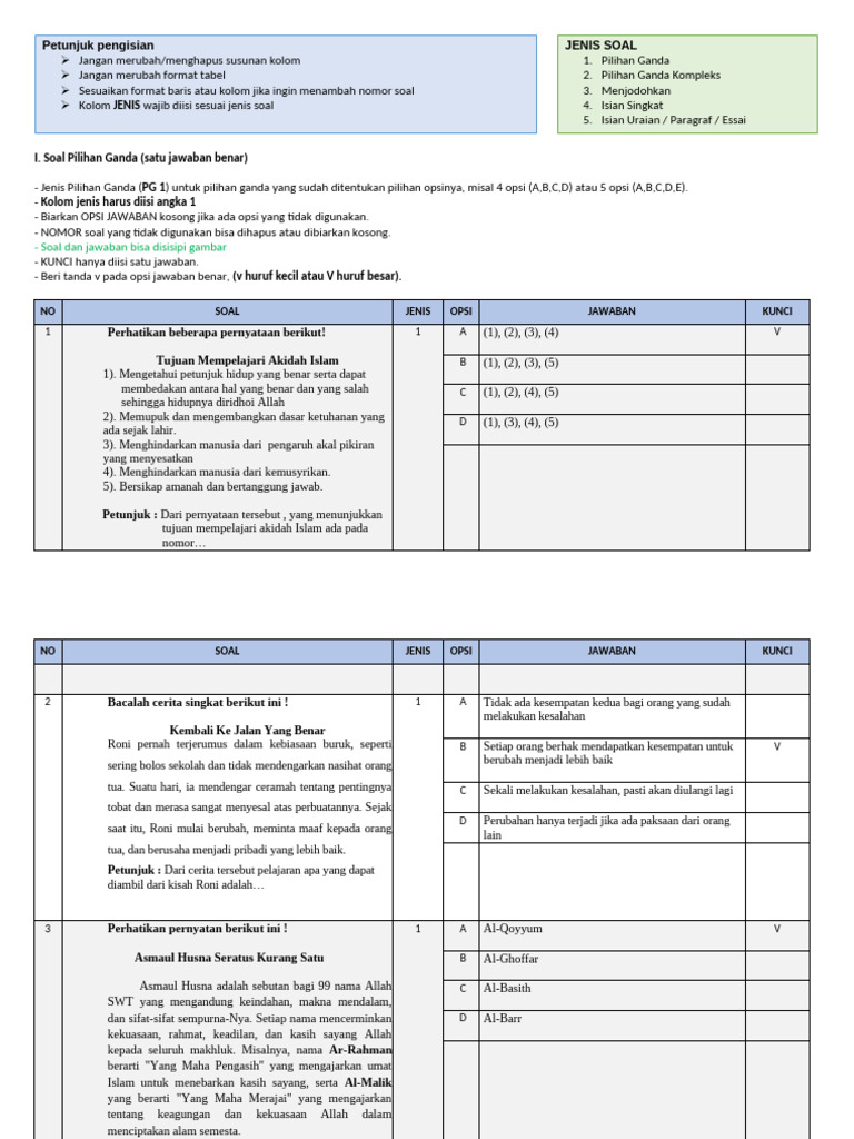 Template Soal Akidah Akhlak 7 | PDF