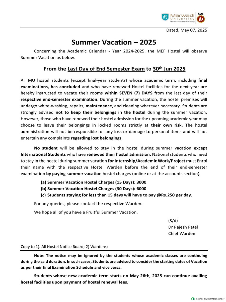 Summer Vacation 2025 - Notice | PDF