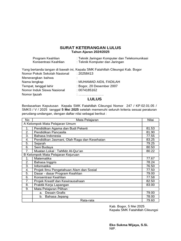 Surat Keterangan Lulus SMK 2025 | PDF