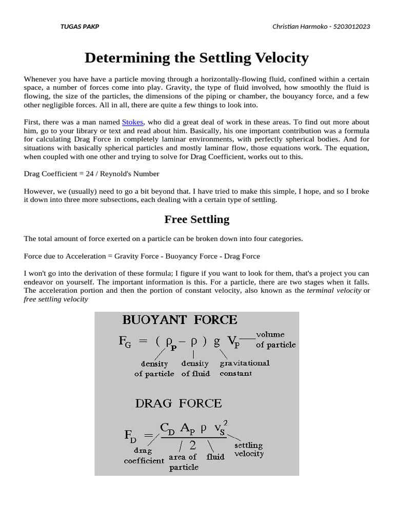 Settling Velocity of Particles Explained | PDF | Force | Drag (Physics)
