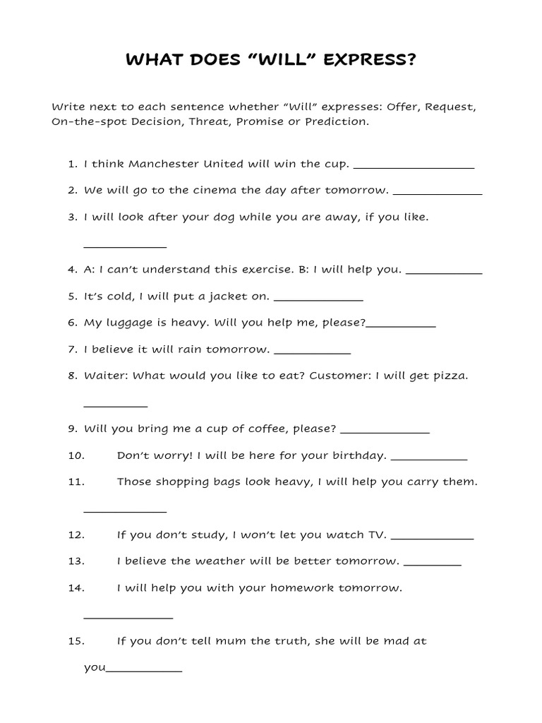 Uses of Will - Exercise (With Sentences) | PDF
