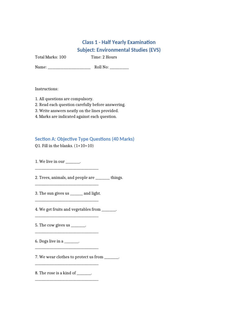 Class 1 EVS Half Yearly Exam Paper | PDF | Foods