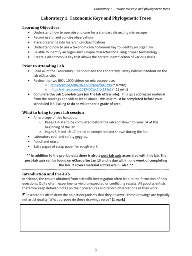 Lab 1 Taxonomic Keys Phylogenetic Trees - B1001 W 2025 - Lab Handout ...