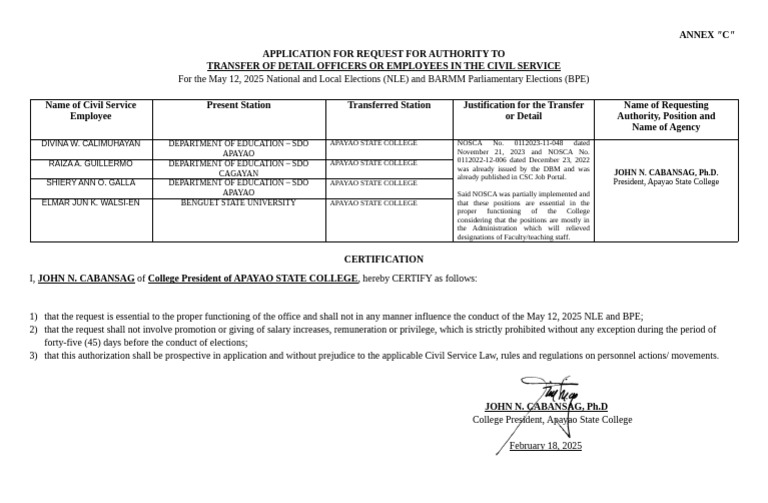 Application For Request For Authority To Transfer Incidental To ...