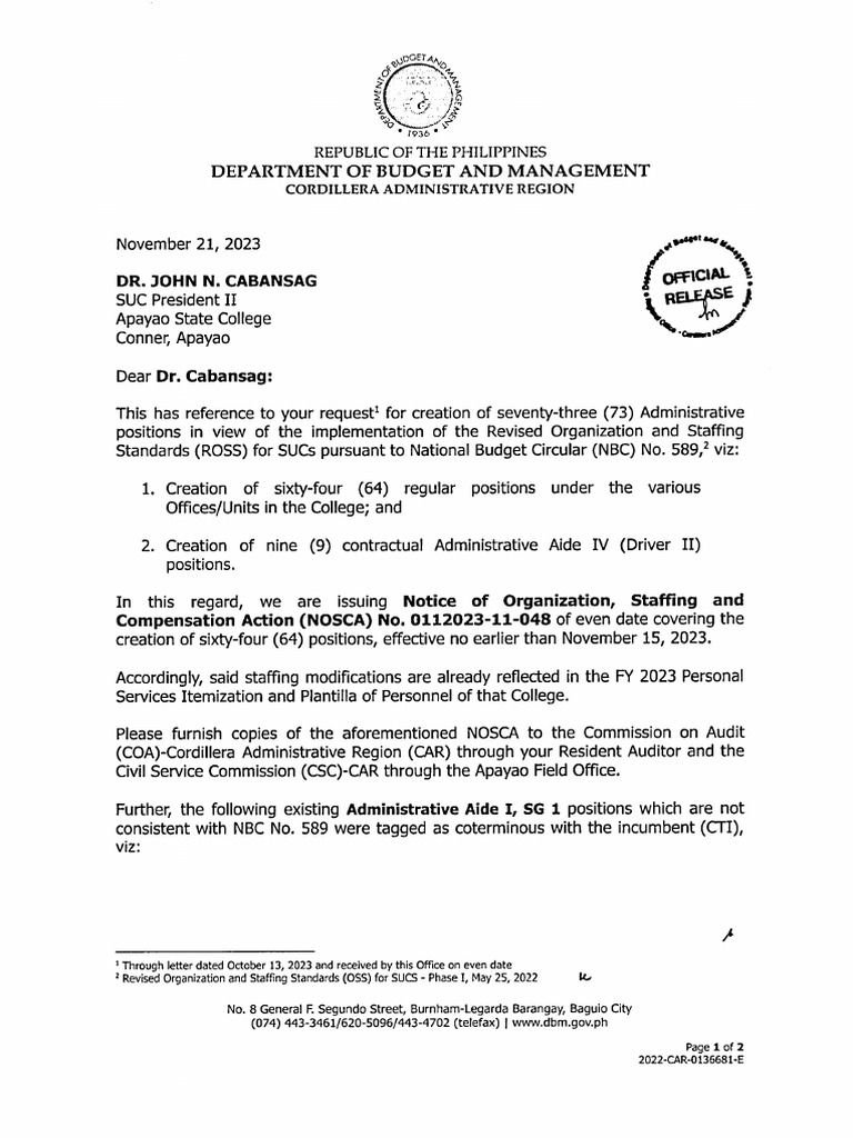 DMS Reference No 2023 CAR 0136681 E SUCS ASC Release of NOSCA To Cover ...