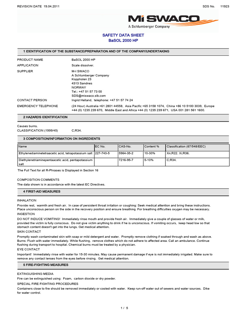 BaSOL 2000 HP Safety Data Sheet | PDF | Water | Personal Protective ...