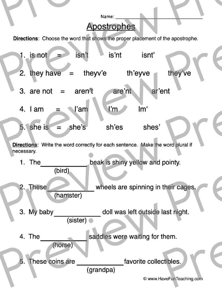 Apostrophes Worksheet 2 Preview | PDF