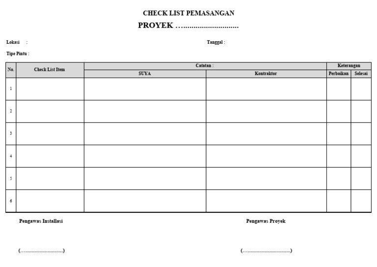 Checklist Pemasangan Pintu Proyek | PDF