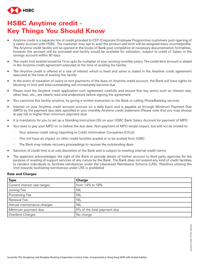 HSBC Anytime Credit Overview and Rates | PDF | Banks | Salary