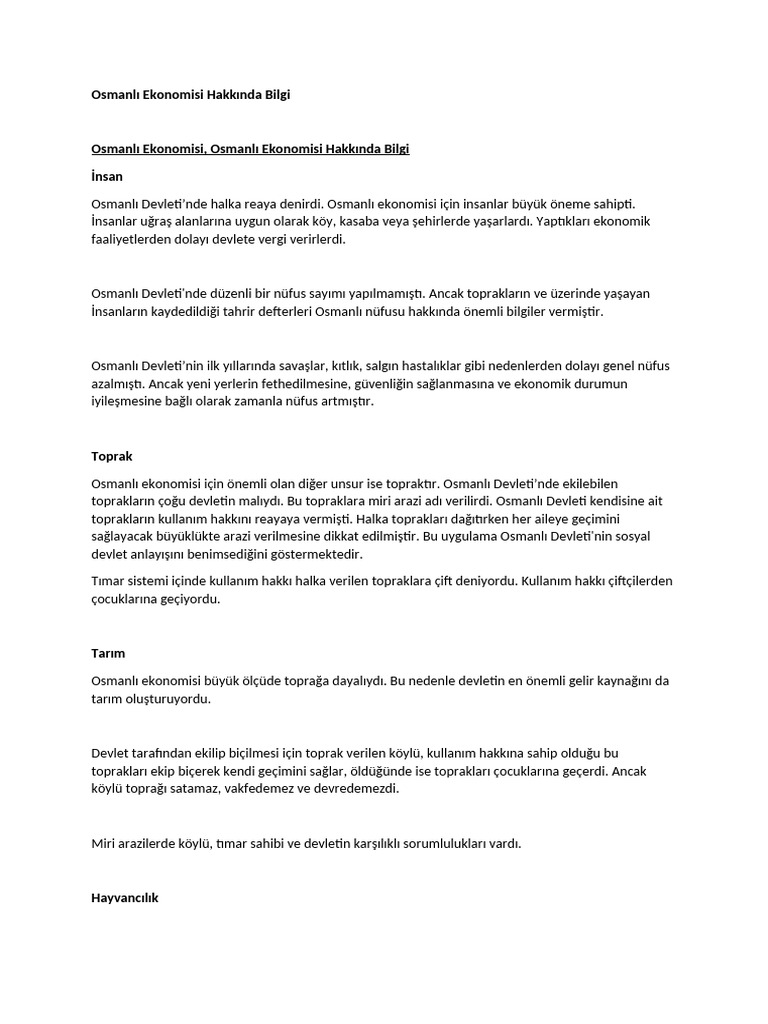 Osmanlı Ekonomisi Hakkında Bilgi | PDF
