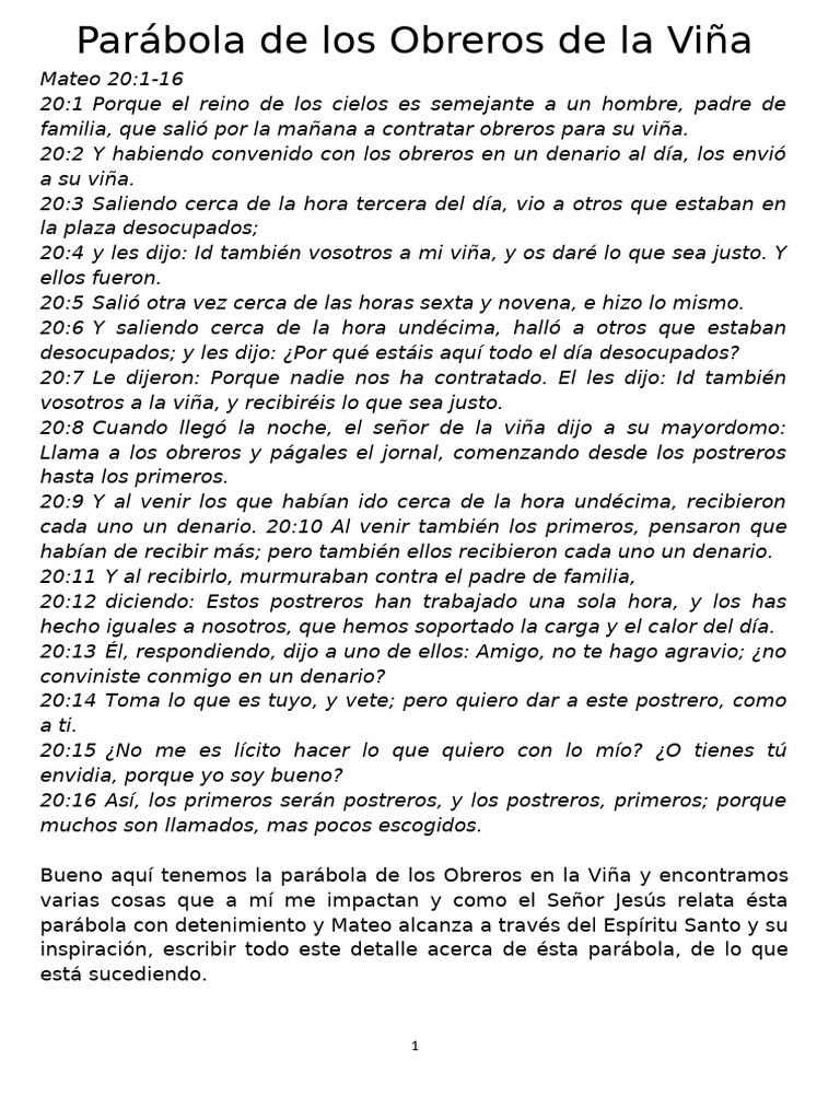 Parábola de los Obreros en la Viña | PDF | Cristo (título) | Vida ...