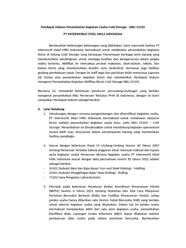 Draft Legal Opini - Penambahan Kegiatan Usaha Cold Storage | PDF