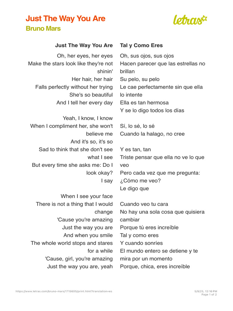 Just The Way You Are TRANSLATION - Bruno Mars (Impressão) | PDF ...
