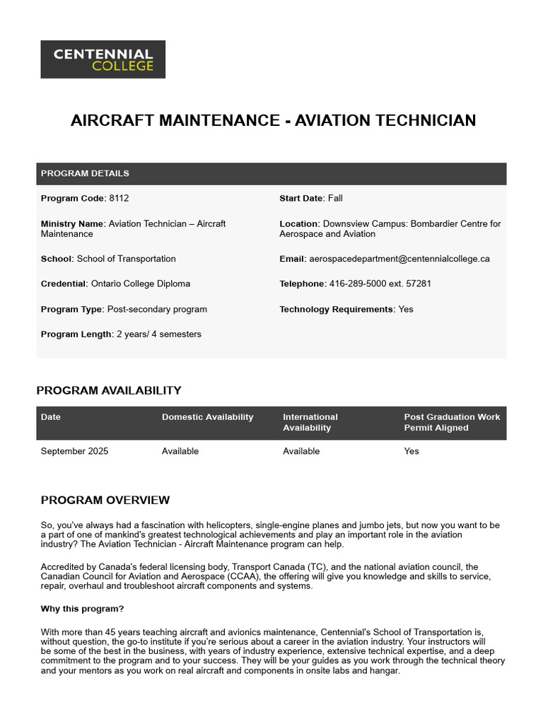 Aircraft Maintenance - Aviation Technician - Centennial College | PDF ...
