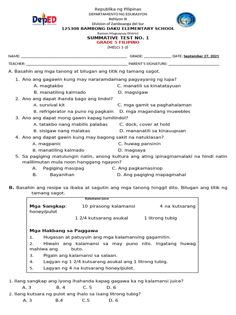 Summative Test in Filipino G5 | PDF