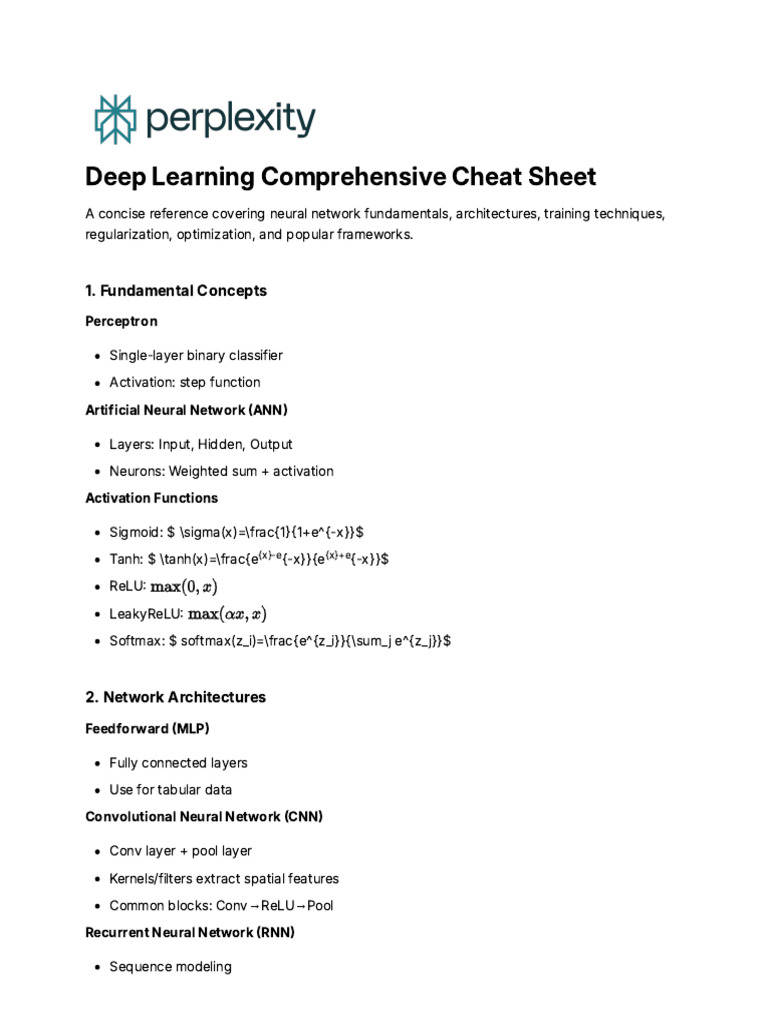 Deep Learning Comprehensive Cheat Sheet | PDF | Deep Learning | Algorithms