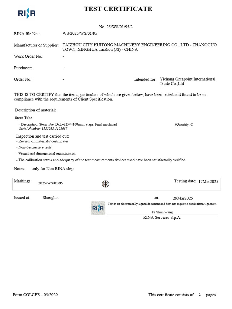 Stern Tube Test Certificate RINA 2025 | PDF | Business Law | Private Law