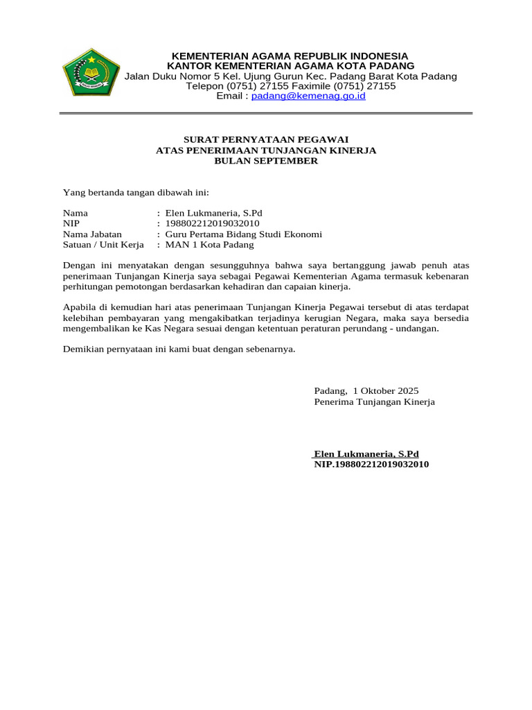 Surat Pernyataan Lapkin Sept | PDF