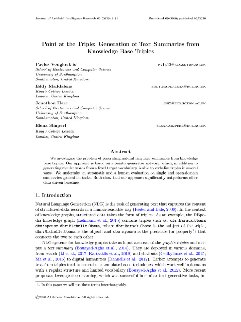 Point at The Triple - Generation of Text Summaries From Knowledge Base Triples | PDF