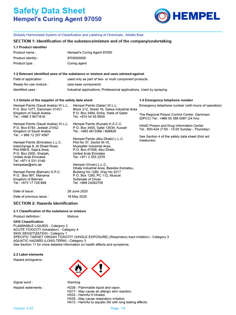 Hempel Curing Agent 97050 Safety Data | PDF | Toxicity | Personal ...