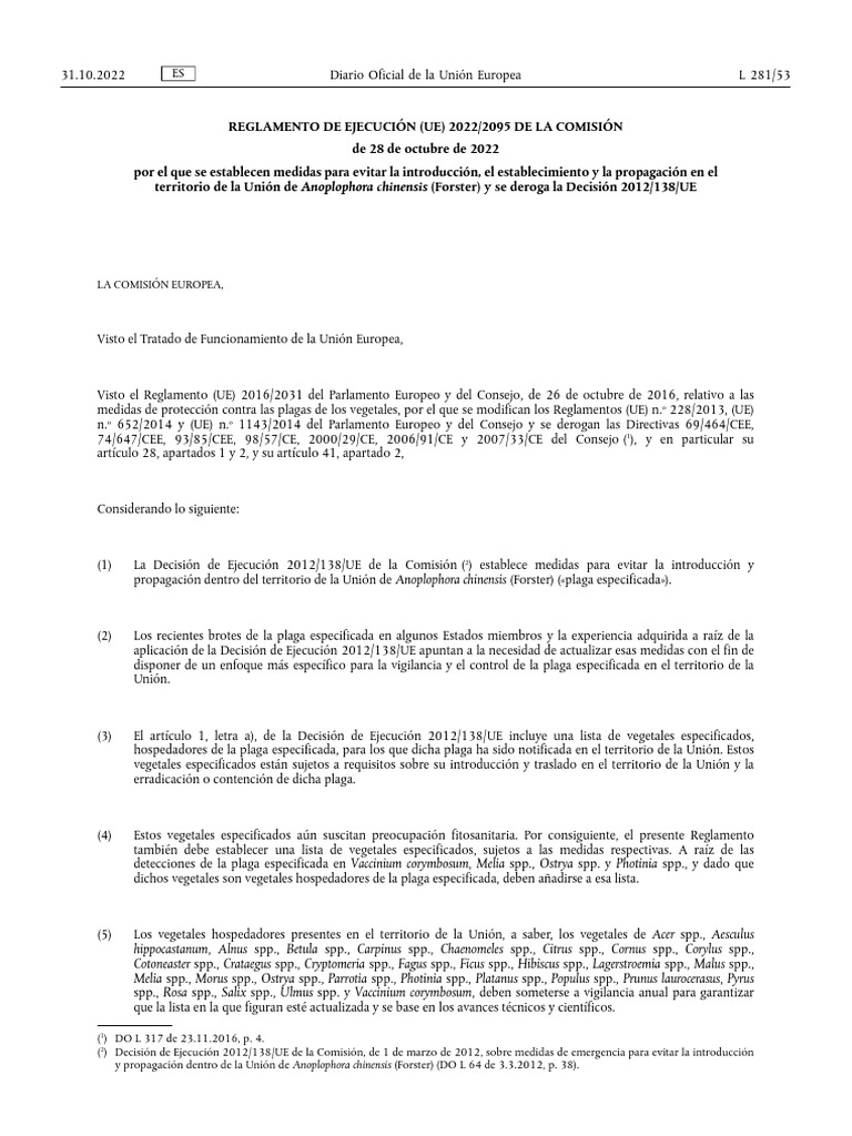 Reglamento 2022 - 2095 Anoplophora Chinensis (Deroga 2012 - 138) | PDF ...