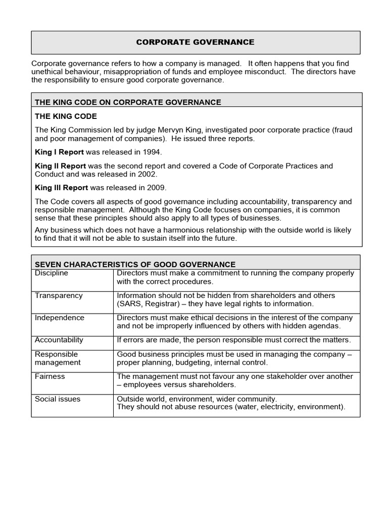 Corporate Governance and King Code Overview | PDF | Audit | Business
