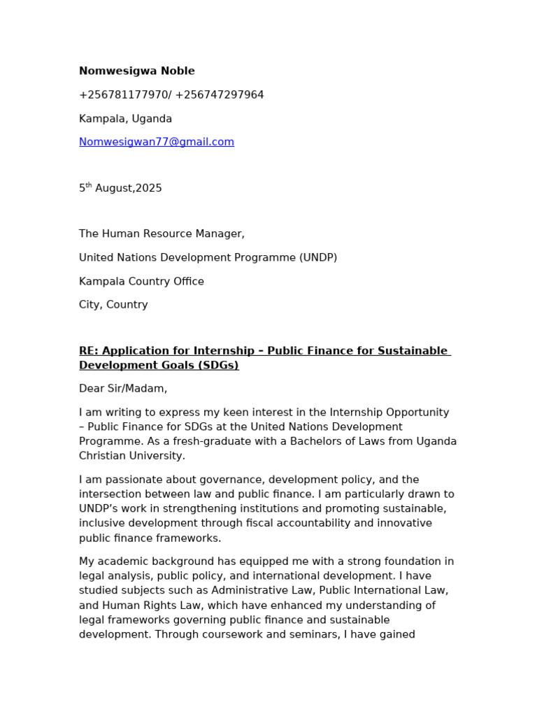 UNDP Internship Application Letter | PDF | United Nations Development ...