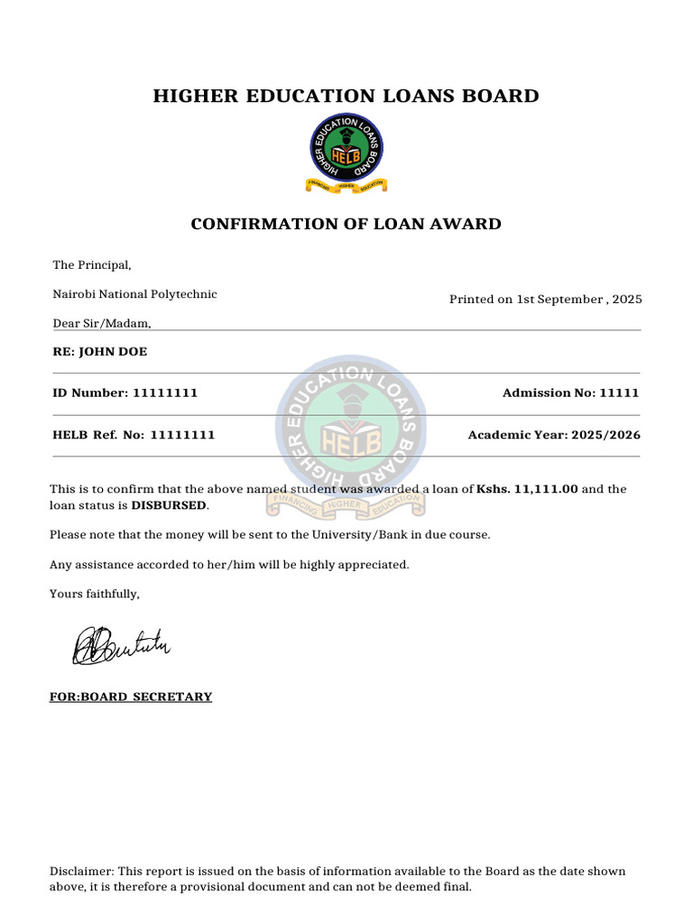 Confirmation of HELB Loan Award 2025 | PDF
