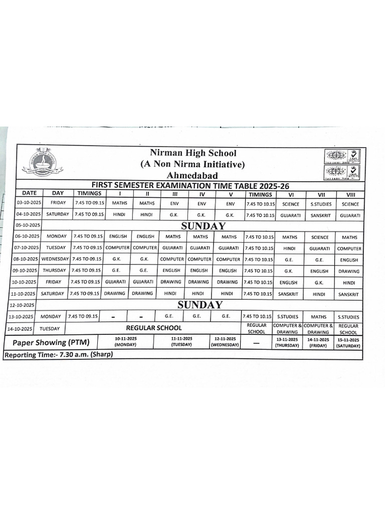 First Semester Exam Time Table 2025-26 | PDF