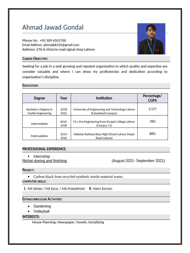 Ahmad Jawad Gondal (CV) Updated | PDF