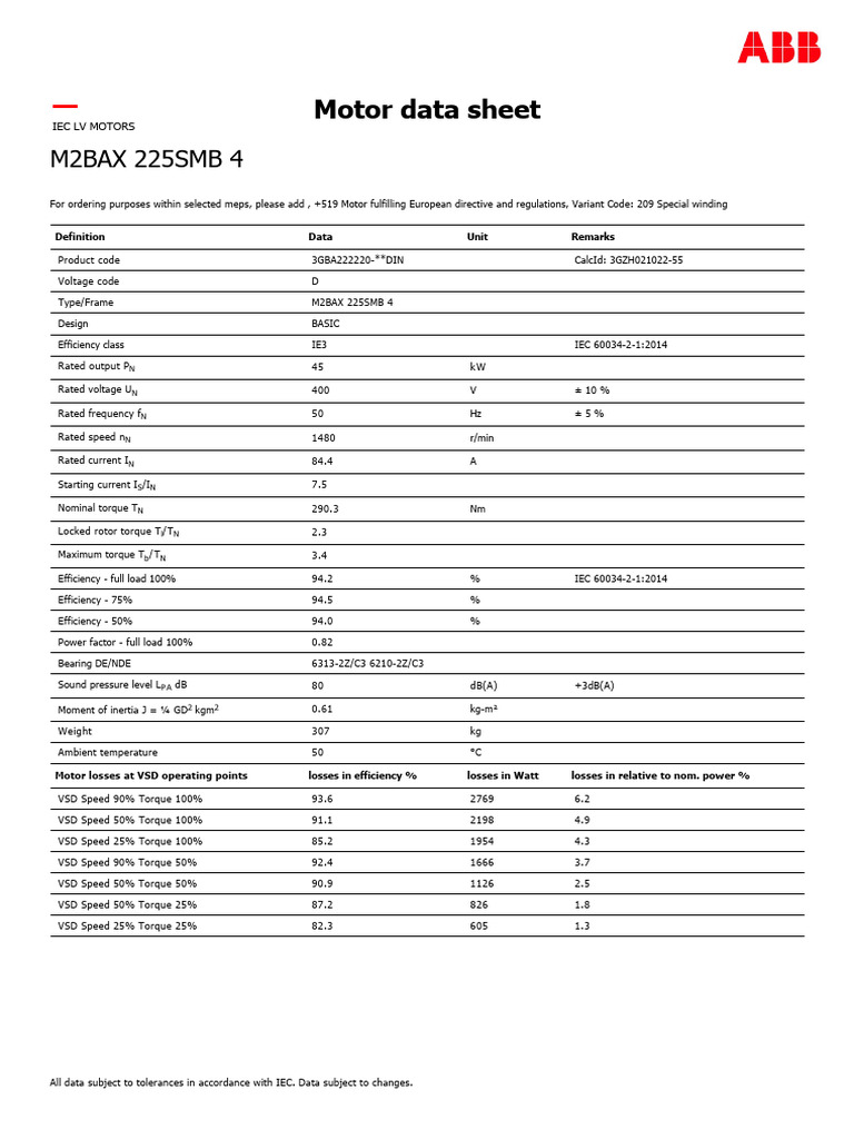 IEC LV Motor M2BAX 225SMB 4 Data Sheet | PDF | Torque | Electrical ...